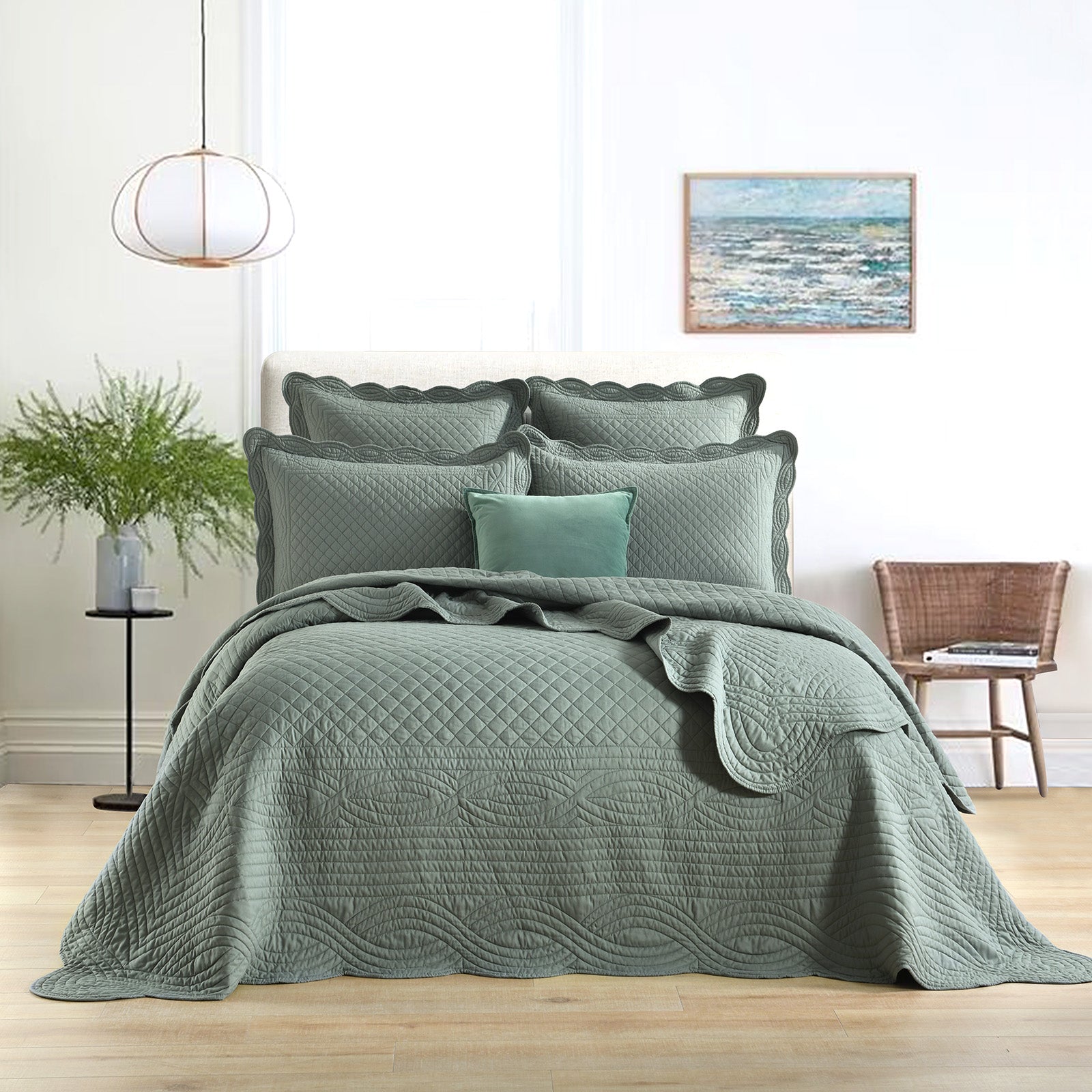 Super King Coverlet Set | Green Scallop Cotton Jacquard Coverlet
