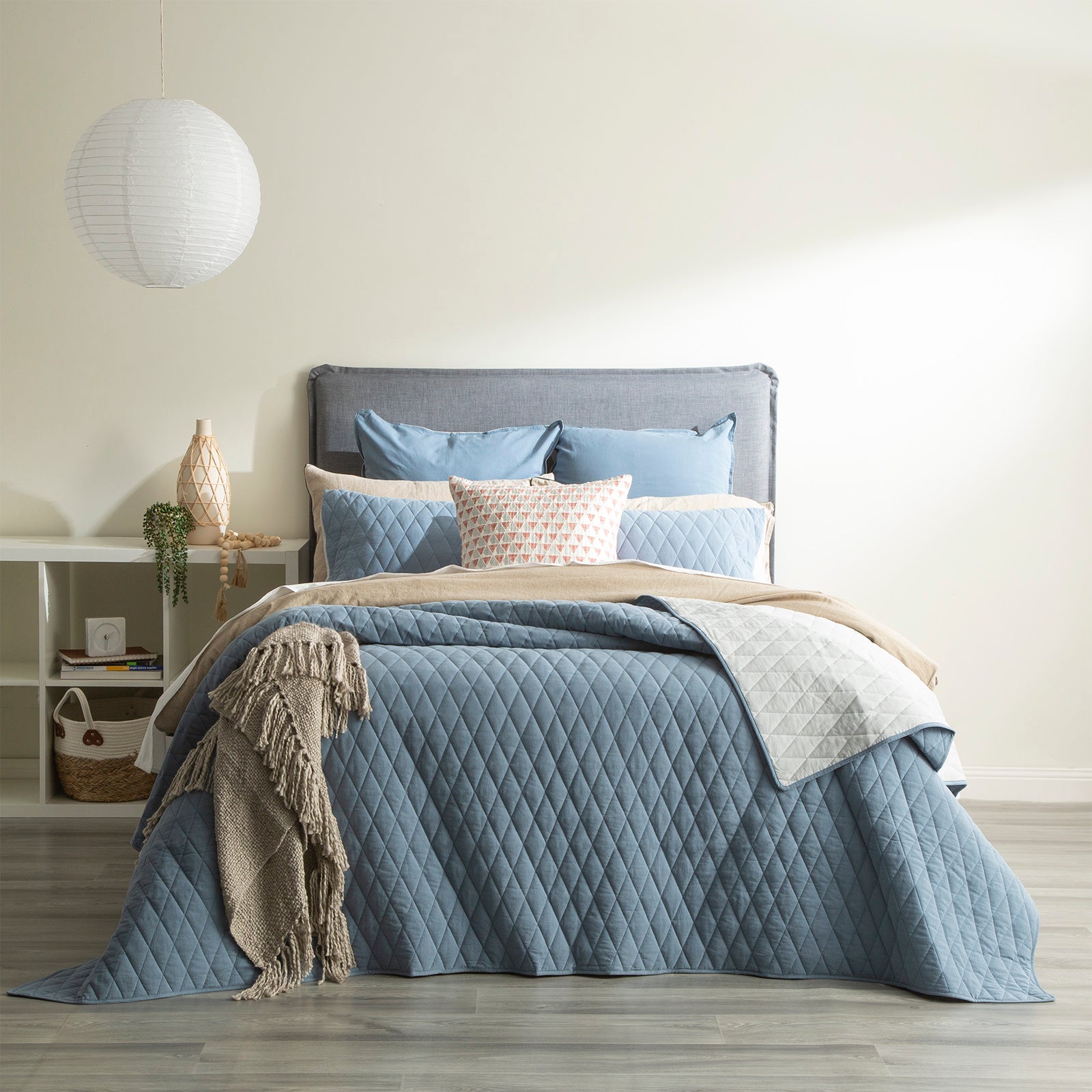Blue Coverlet Set | Stone Washed Cotton Diamante | Super king coverlet